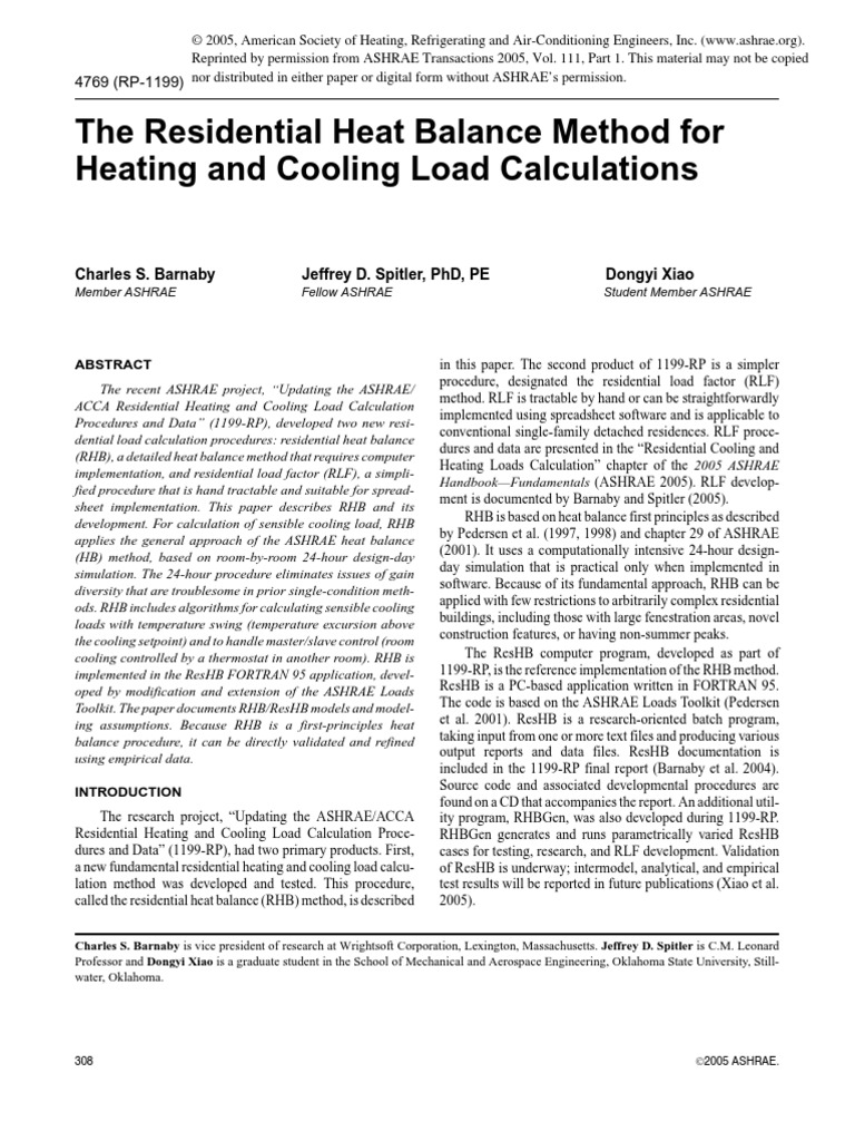 The Residential Heat Balance Method For Heating and Cooling Load Calculations. | PDF | Heat ...