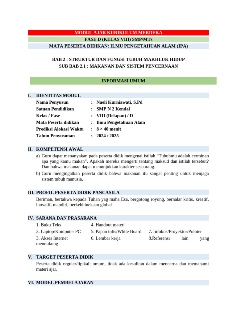 MODUL AJAR KURIKULUM MERDEKA Sistem Pencernaan | PDF MODUL AJAR KURIKULUM MERDEKA Sistem Pencernaan | PDF