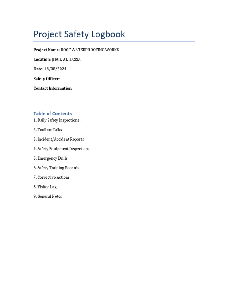 Project Safety Logbook | PDF