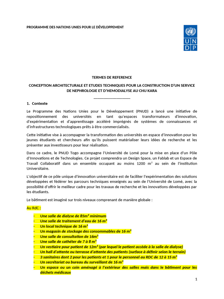 TDRs - Conception Architecturale Unité D'hémodialyse Au CHU Kara ...