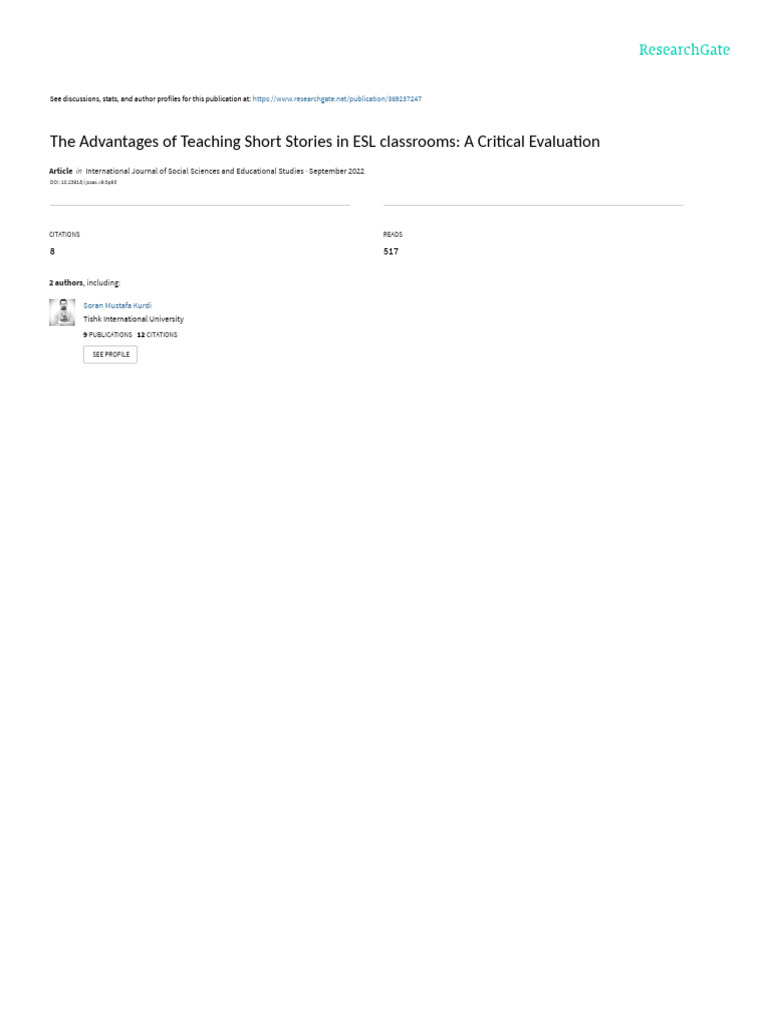The Advantages of Teaching Short Stories in ESL Classrooms: A Critical Evaluation | PDF ...