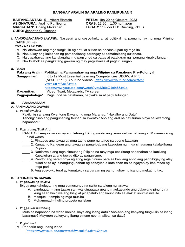 Banghay Aralin Ap5 q1 Week6 | PDF