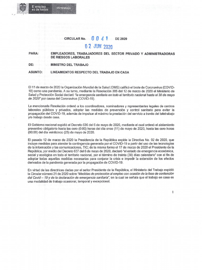Lineamientos Trabajo en Casa Circular 0041 de 2020 | PDF