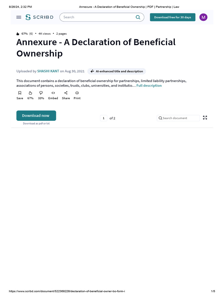 Annexure - A Declaration of Beneficial Ownership - PDF - Partnership - Law | PDF