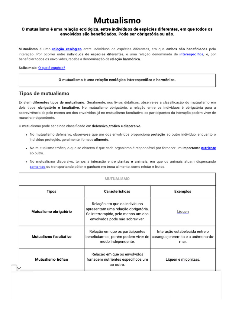 Mutualismo - o Que É, Tipos, Exemplos e Exercício - Brasil Escola | PDF ...