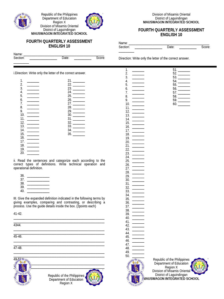 4TH QUARTER ANSWER SHEET | PDF