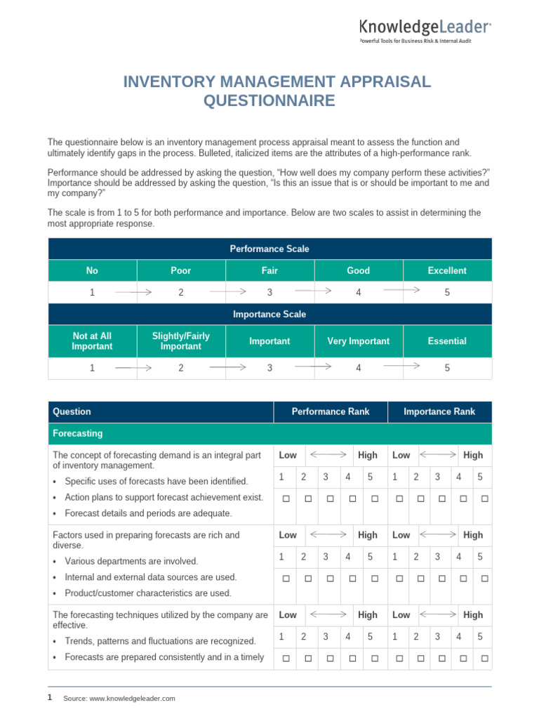 Inventory Management Appraisal Questionnaire | PDF
