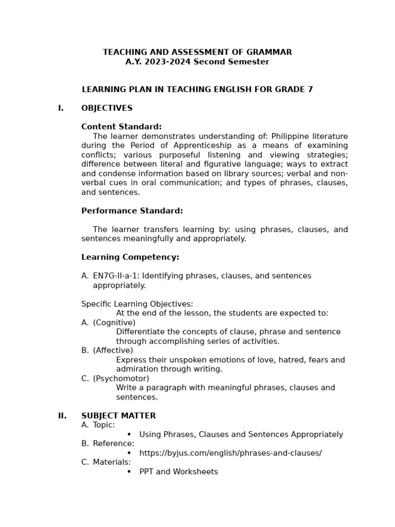 A Lesson Plan For Teaching Grammar | PDF | Phrase | Sentence (Linguistics)