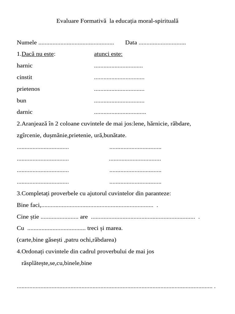 Proba de Evaluare La Educatia Moral | PDF