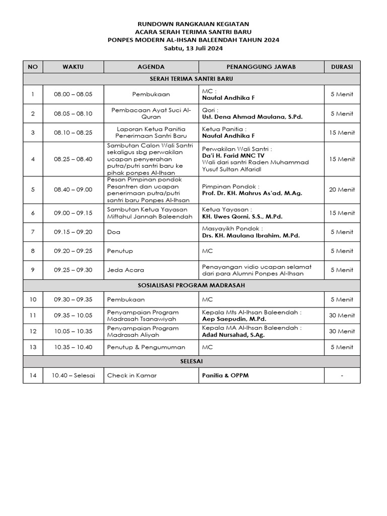 RUNDOWN RANGKAIAN KEGIATAN SERAH TERIMA SANTRI BARU 2024 | PDF