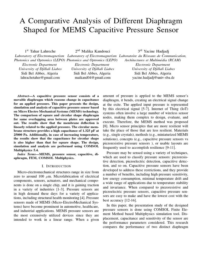 A Comparative Analysis of Different Diaphragm Shaped For MEMS Capacitive Pressure Sensor | PDF