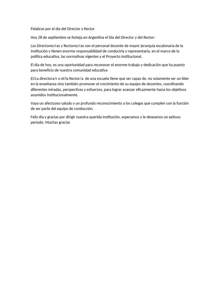 Palabras Por El Día Del Director Y Rector Pdf
