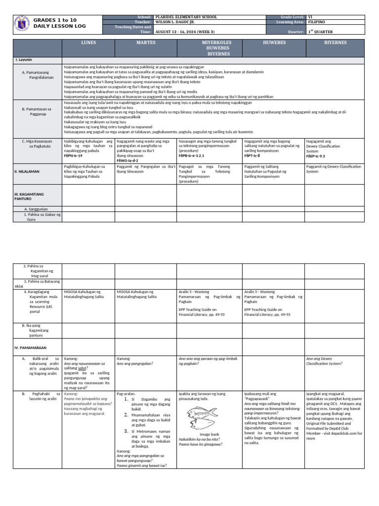 DLL Filipino 6 q1 w3 | PDF DLL Filipino 6 q1 w3 | PDF