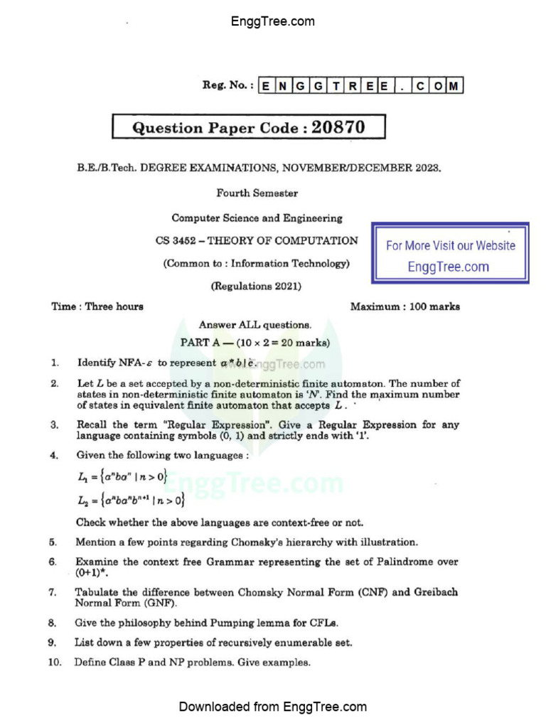 CS3452 Theory of Computation Nov Dec 2023 Question Paper Download | PDF