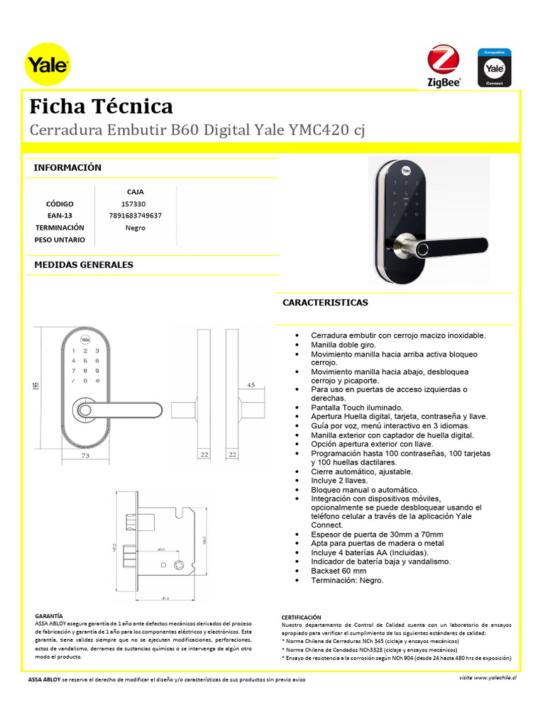 Ficha Tecnica Cerradura Embutir B60 Digital Yale YMC420 CJ Codigo 157330 (ASSA ABLOY) | PDF