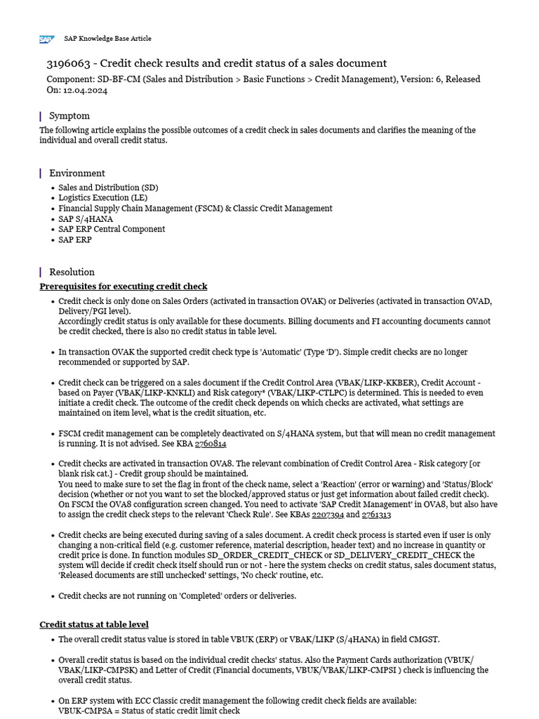 Credit Check Results and Credit Status of A Sales Document | PDF