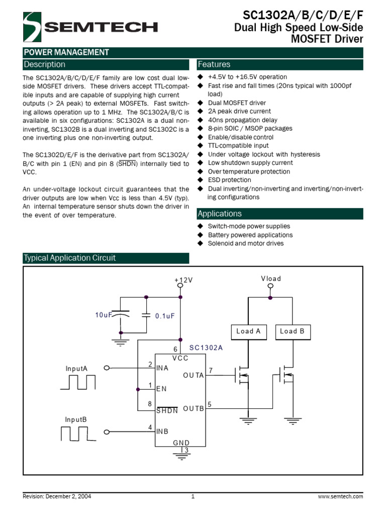Dual High Speed Low-Side MOSFET Driver: Power Management Description Features | PDF