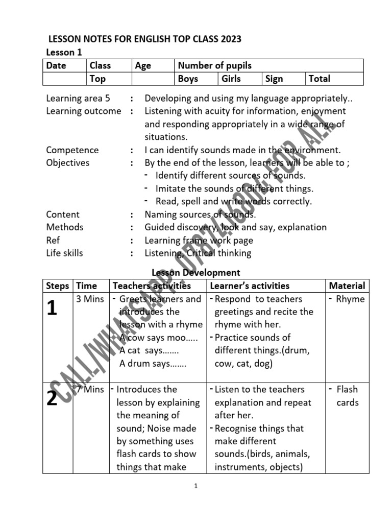 English Lesson Notes Top Class 2023 | PDF