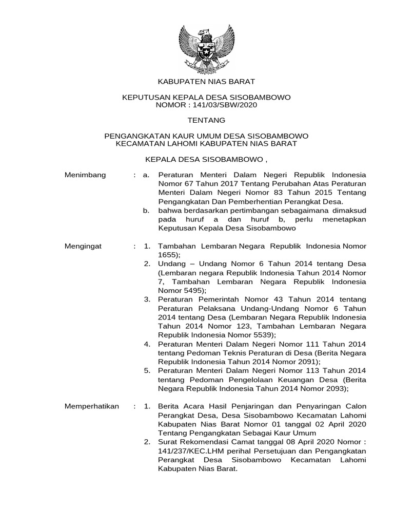 Contoh SK Pengangkatan Perangkat Desa (SOTK) | PDF