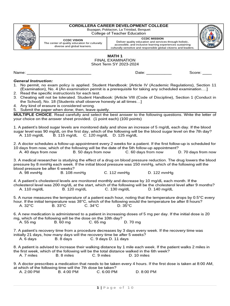 Math 1 Final Exam Short Term | PDF