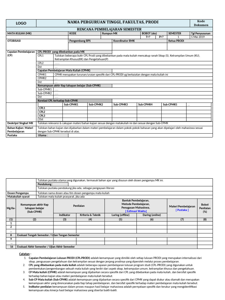 template RPS berdasarkan standar OBE | PDF