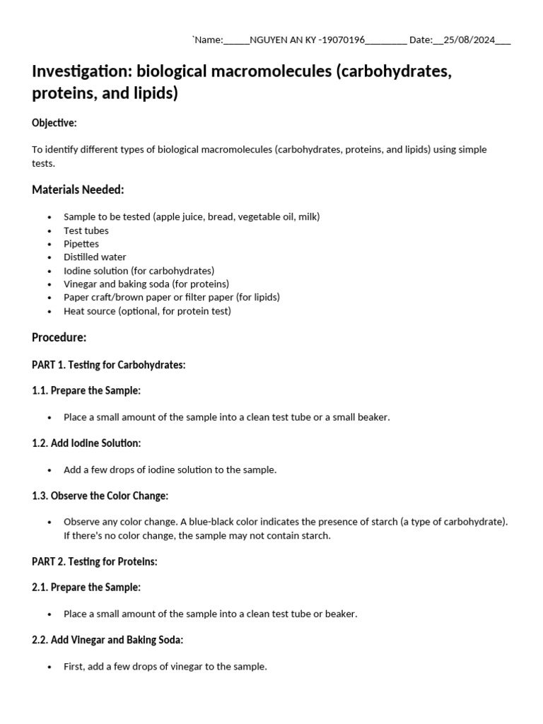 Chapter 3 Lab - Biological Macromolecules (Carbohydrates, Proteins, and ...