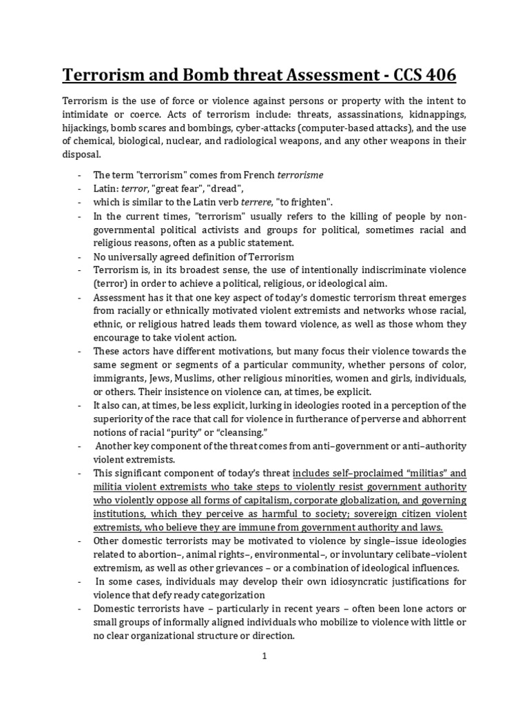 Terrorism and Bomb Threat Assessment - CCS 406 | PDF