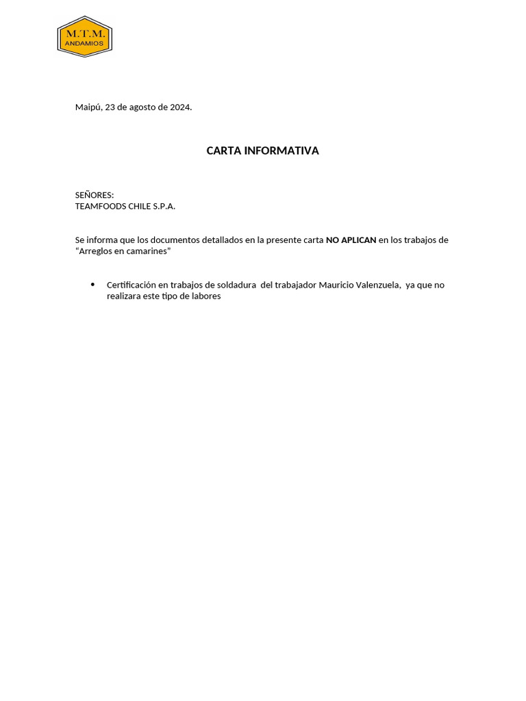 Carta NO APLICA | PDF