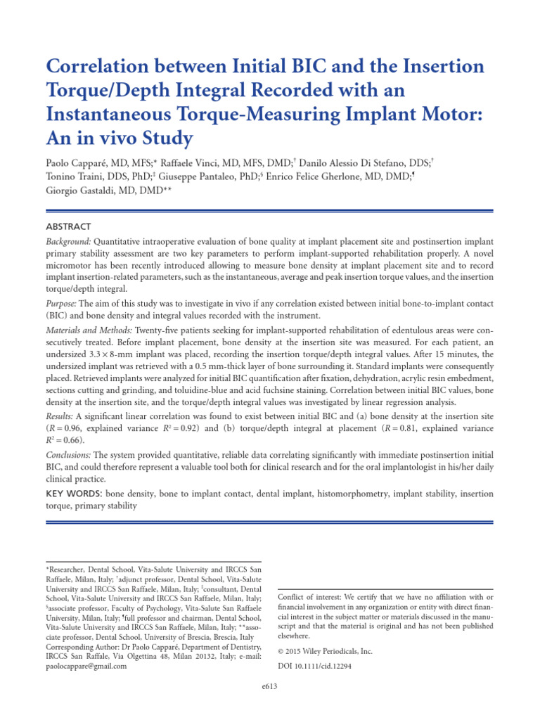 Correlation Between Initial BIC and The Insertion Torque - Depth Integral Recorded With An ...