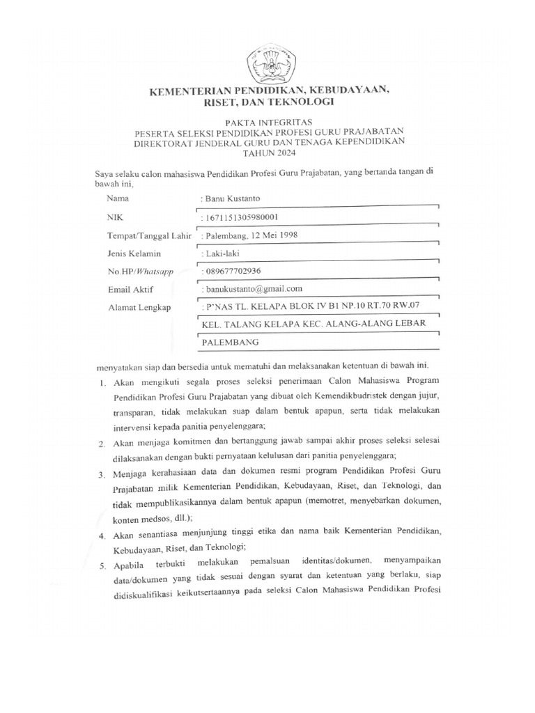 Pakta Integritas Banu | PDF