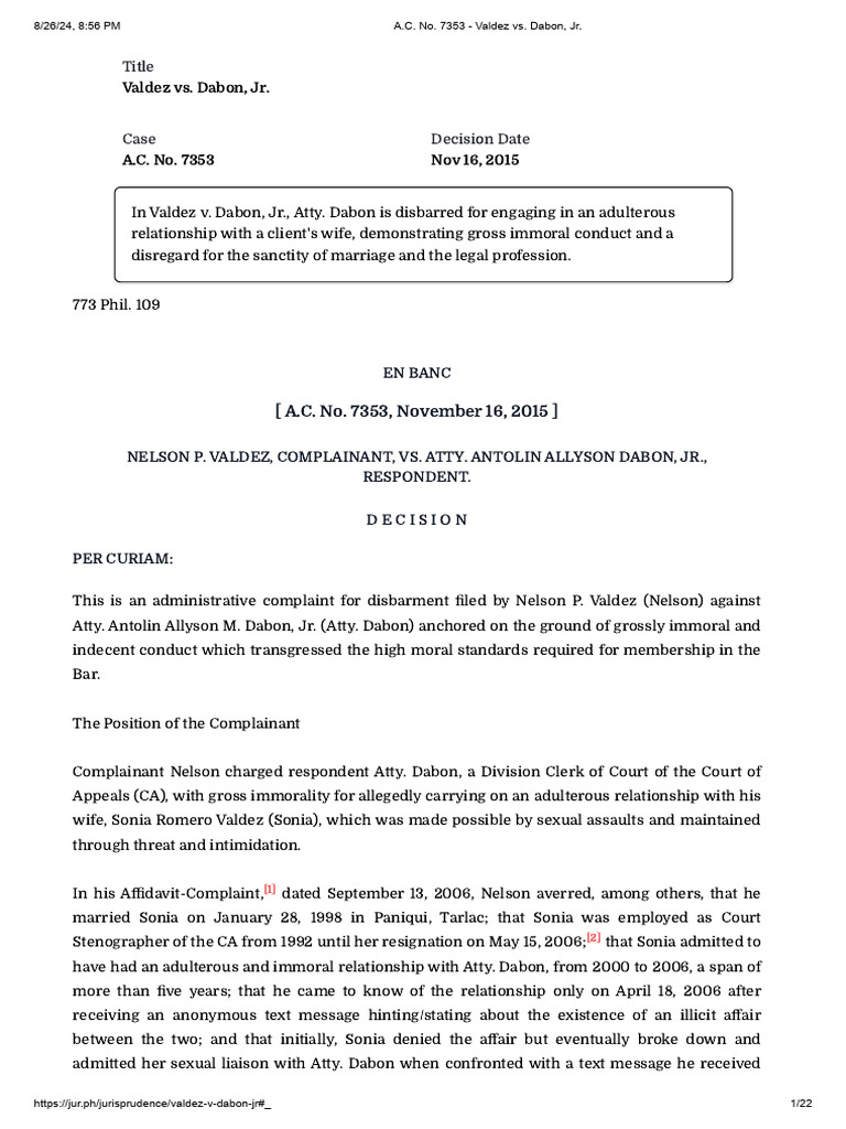 Valdez vs. Dabon - 775 SCRA 1 A.C. No. 7353 - Valdez vs. Dabon, JR | PDF