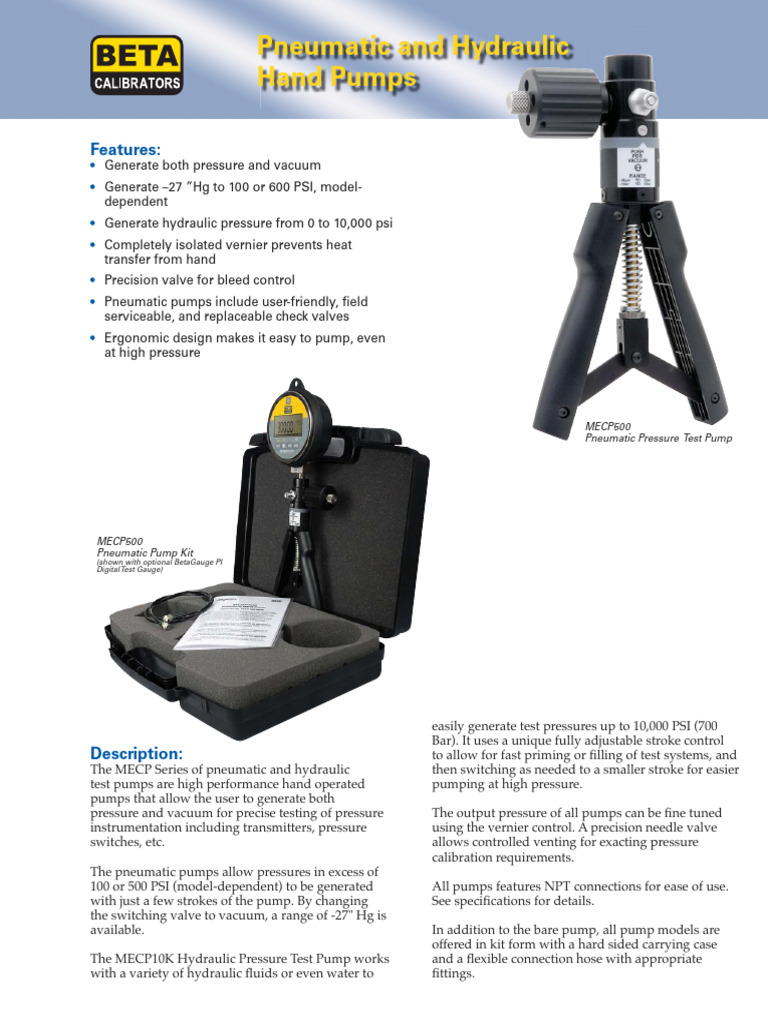 BETA calibrators Pneumatic and Hydraulic Hand Pumps | PDF