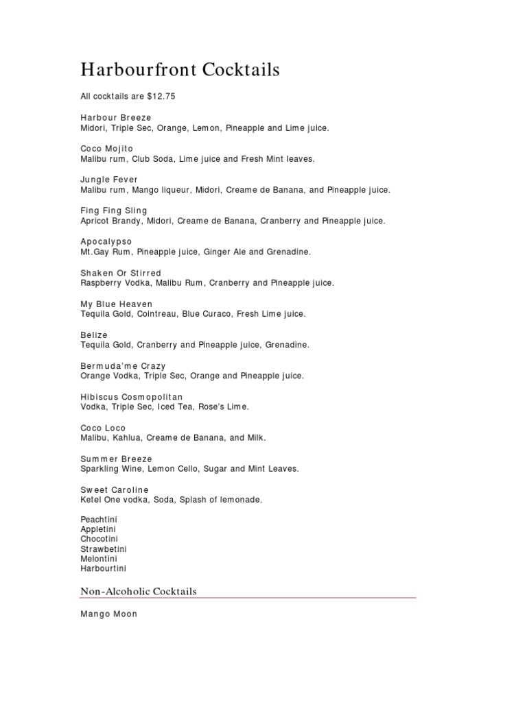 Harbour Front Cocktails Menu | PDF