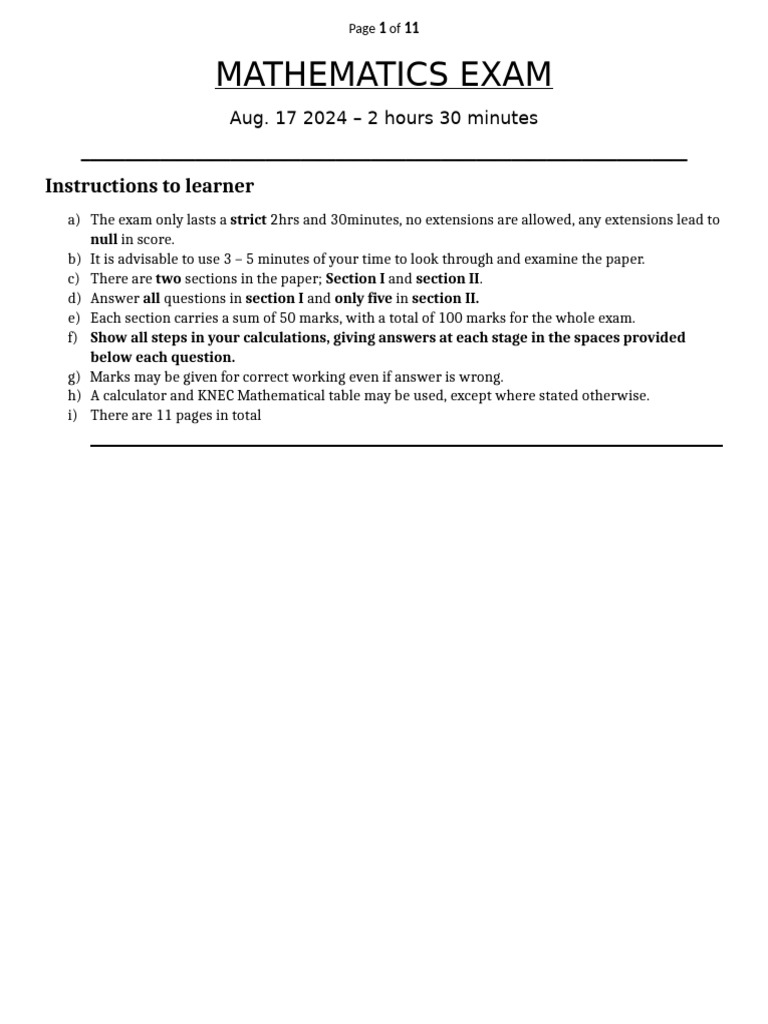 Mathematics Exam - 004 | PDF