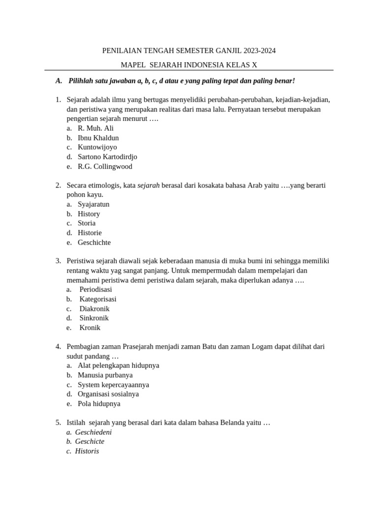 Soal PTS 1 Sejarah Indo 23-24 | PDF