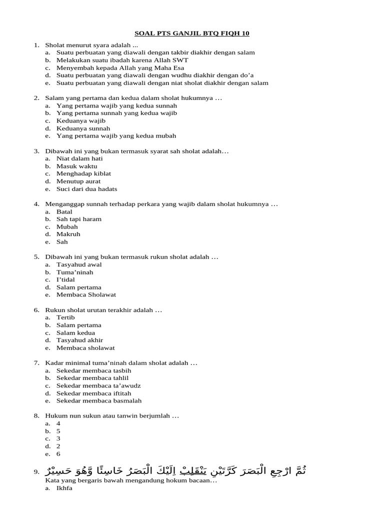 Soal PTS Ganjil BTQ Fiqh 10 11 12 | PDF