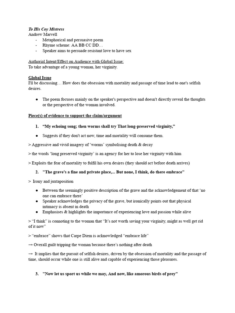 To His Coy Mistress Analysis | PDF