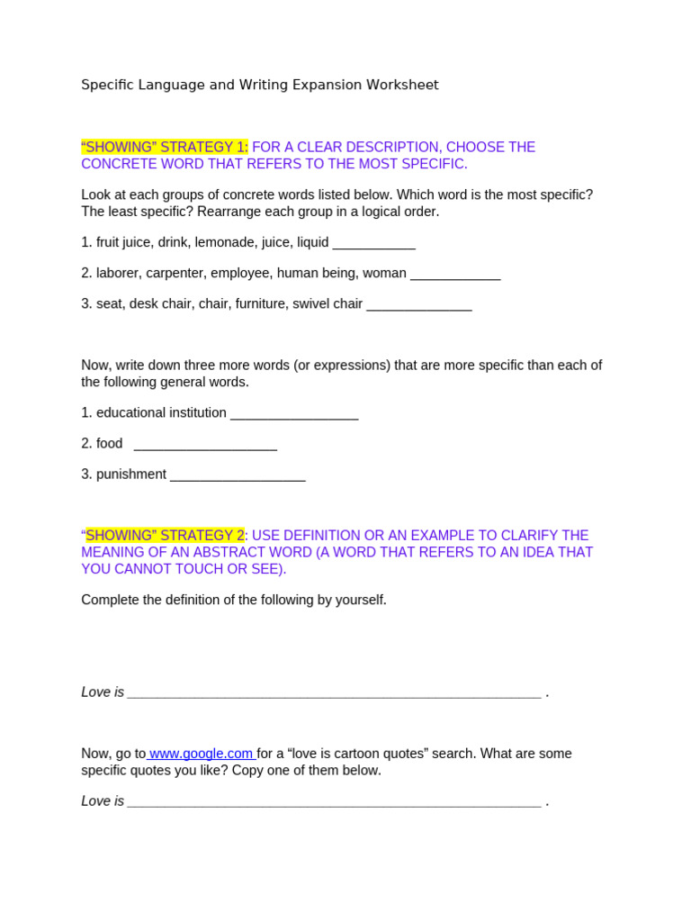 Specific Language and Writing Expansion Worksheet | PDF