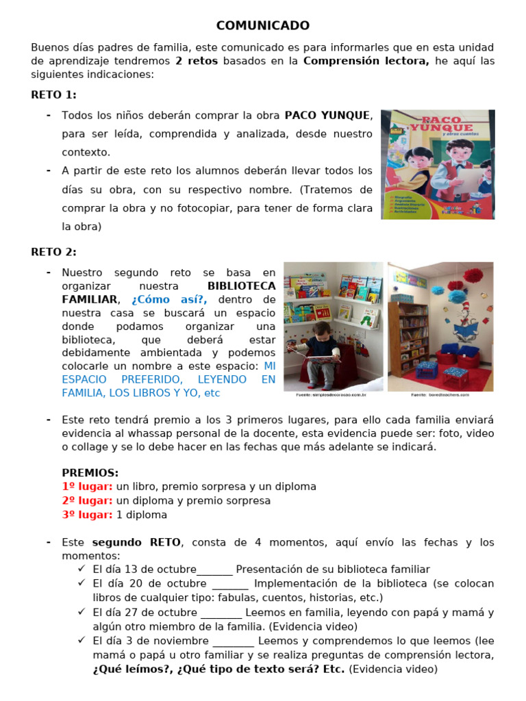 Comunicado Retos Plan Lector | PDF