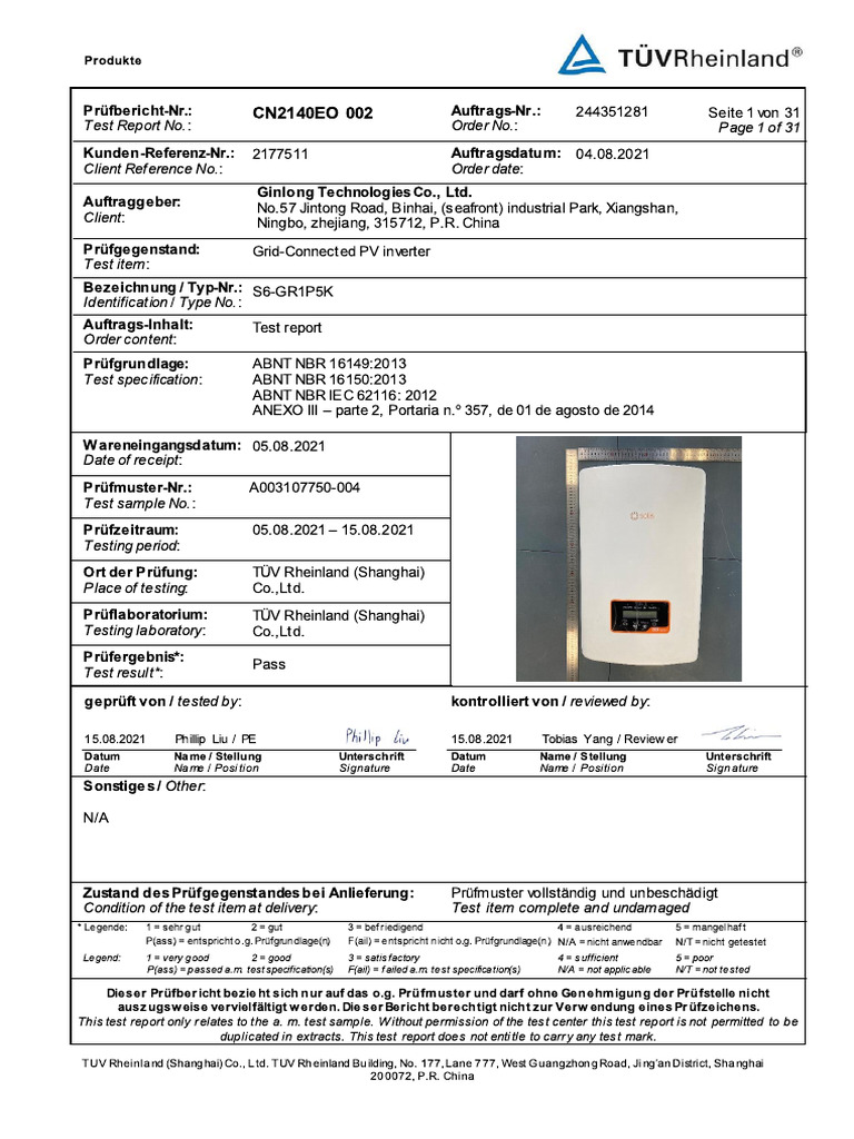 Solis Report NBR 16149 NBR 16150 IEC 62116 S6-GR1P5K BRA V02 | PDF