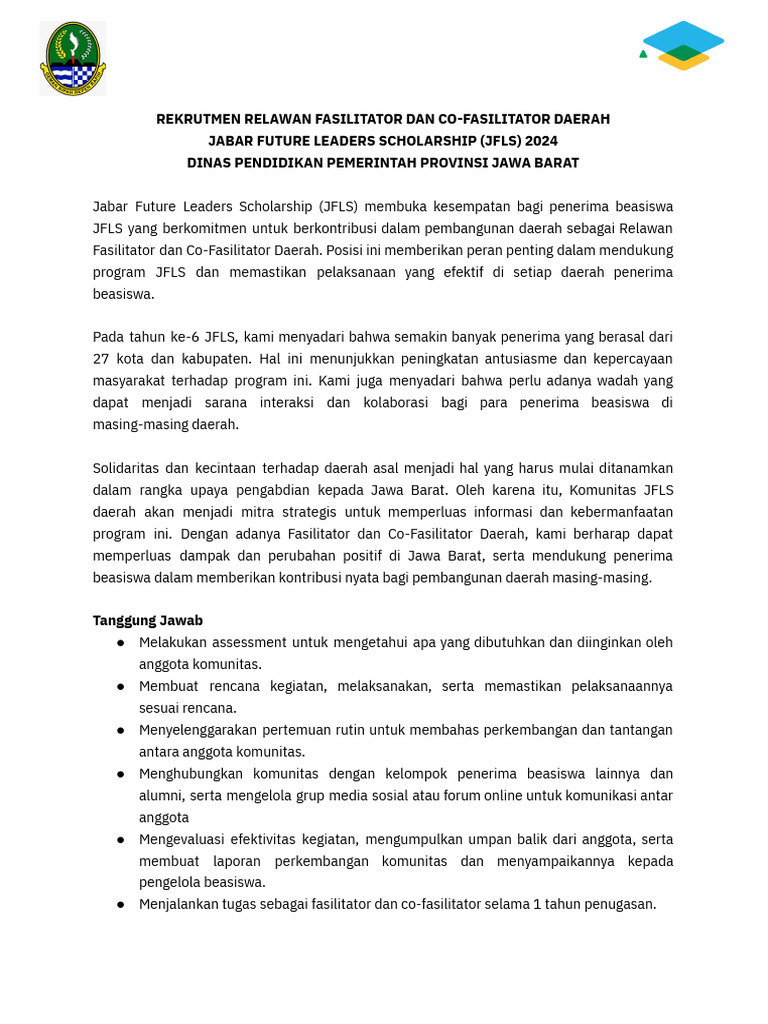 Pengumuman Rekrutmen Fasilitator & Co-Fasilitator Daerah - Jawa Barat 2024 | PDF