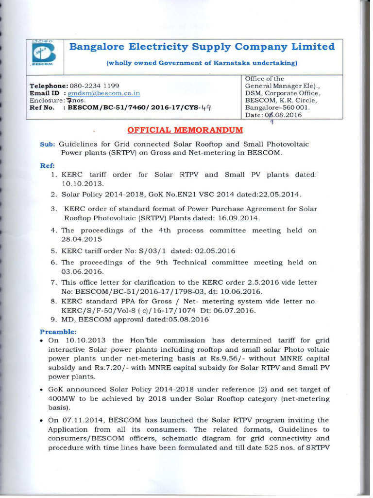 Guidelines Gross+net Metering Bescom | PDF