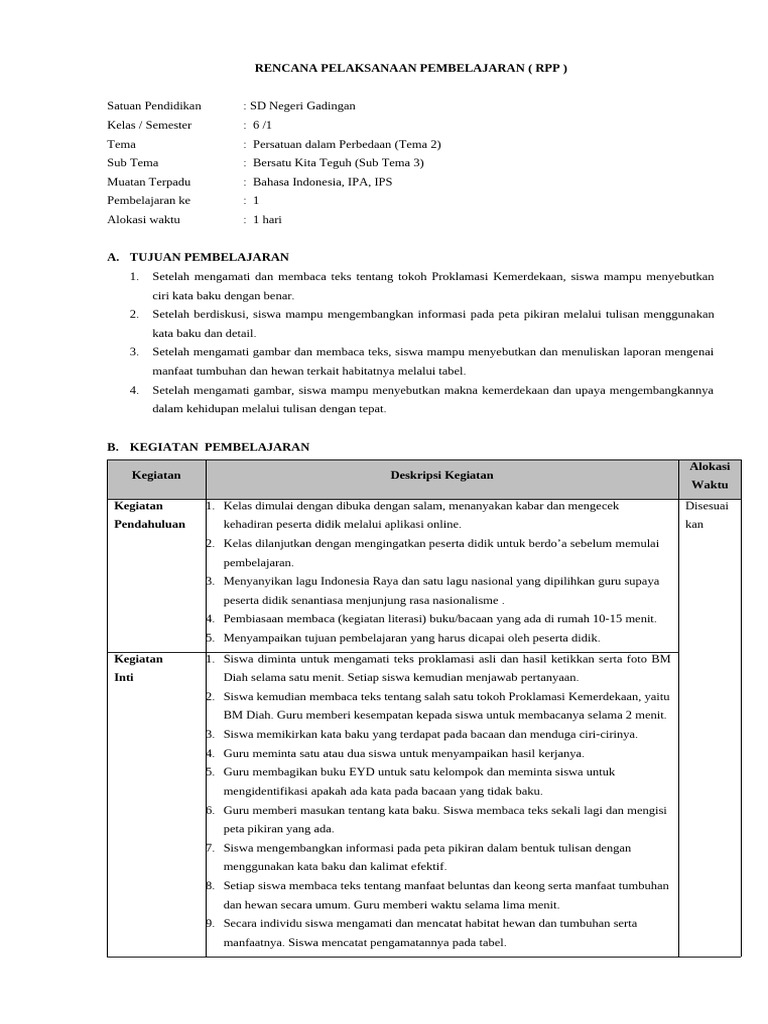 RPP Daring Kelas 6 Tema 2 ST 3 | PDF