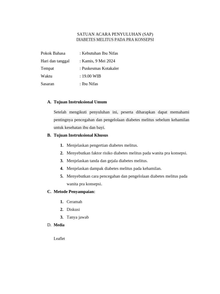 Satuan Acara Penyuluhan DM Pada Pra Konsepsi Mba Yayan | PDF