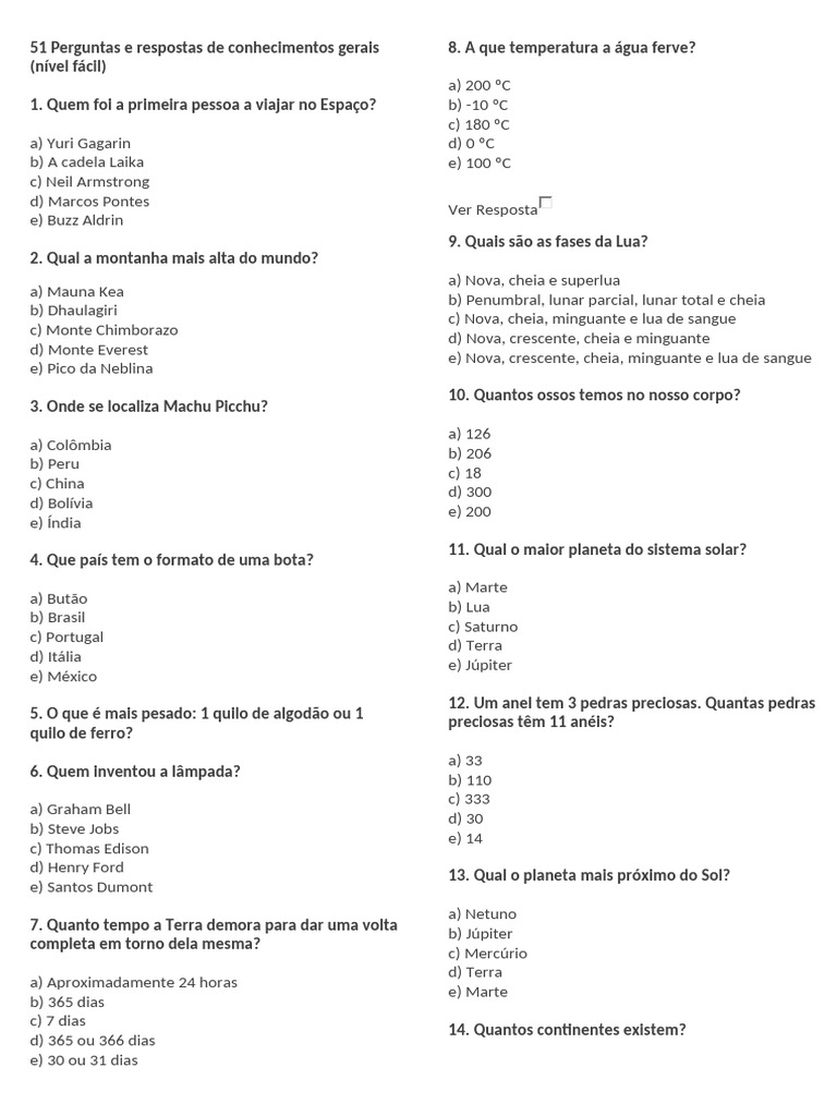 51 Perguntas e Respostas de Conhecimentos Gerais | PDF