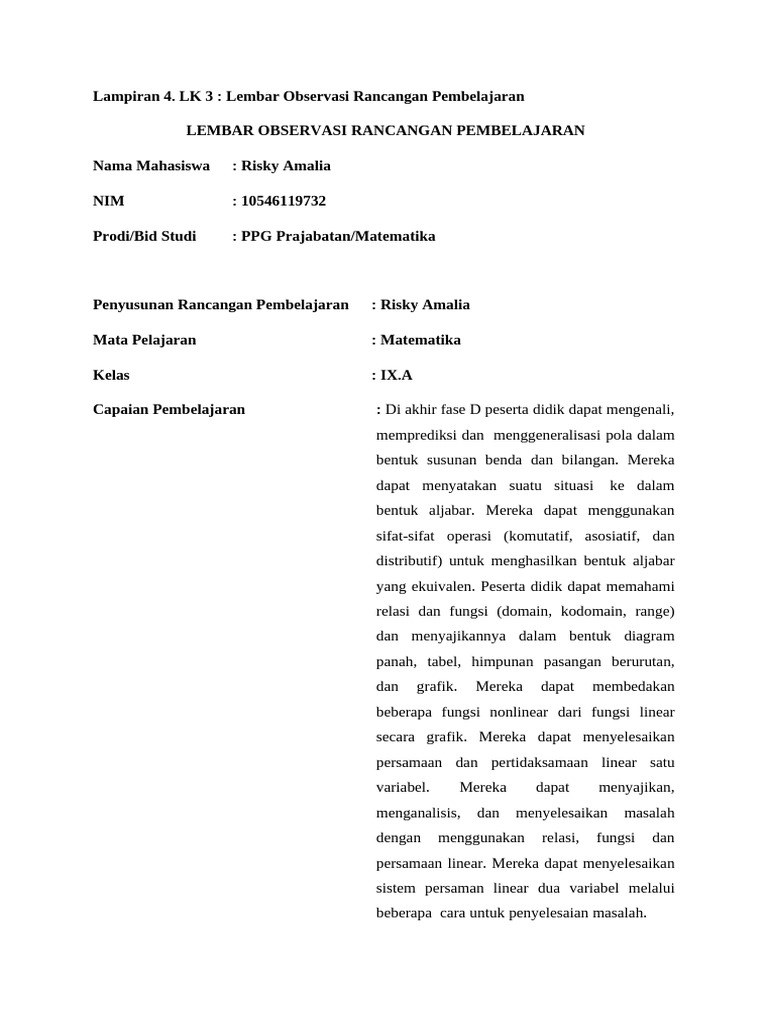 T3 PPL 2 Lampiran 4 LK.3 Lembar Observasi Rancangan Pembelajaran - Kelompok 1 | PDF