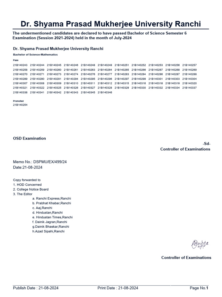 B.Sc. Math Results - DSPMU Ranchi | PDF