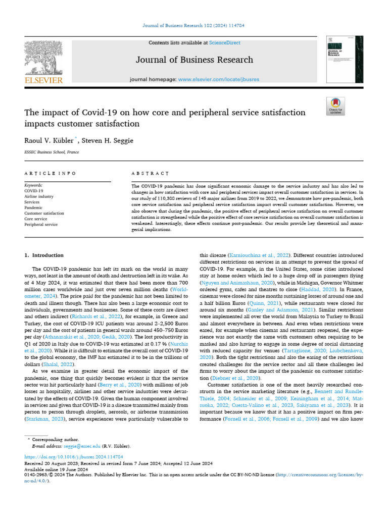 The Impact of Covid-19 On How Core and Peripheral Service Satisfaction ...