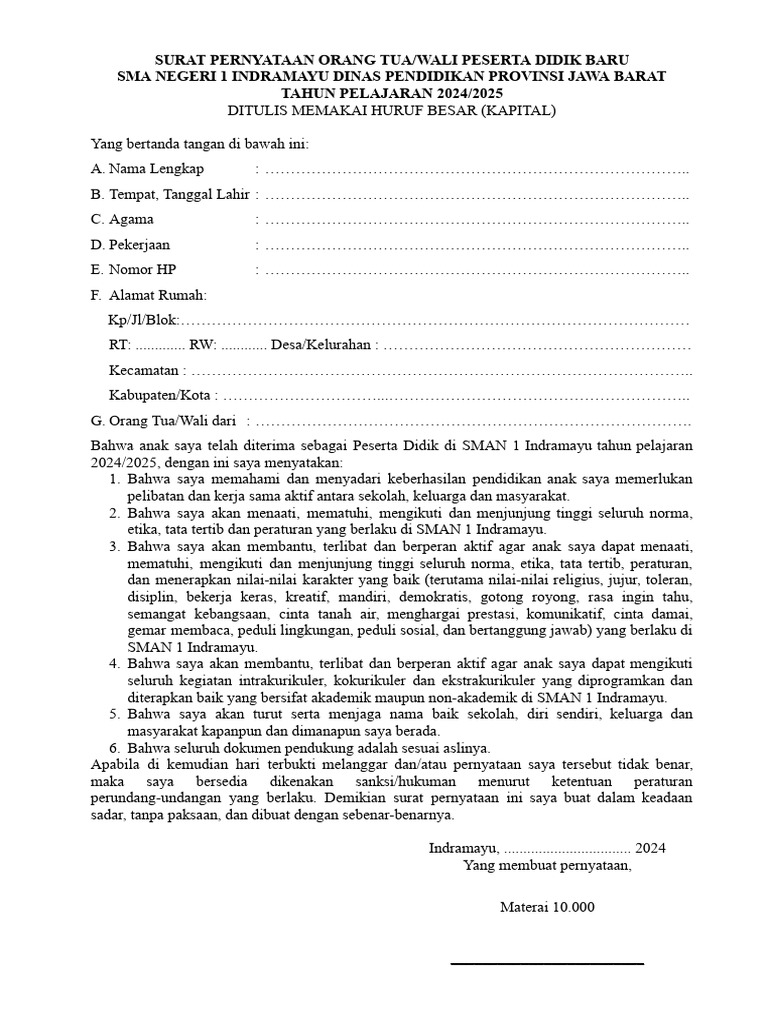 Surat Pernyataan Orang Tua PPDB 2024 | PDF