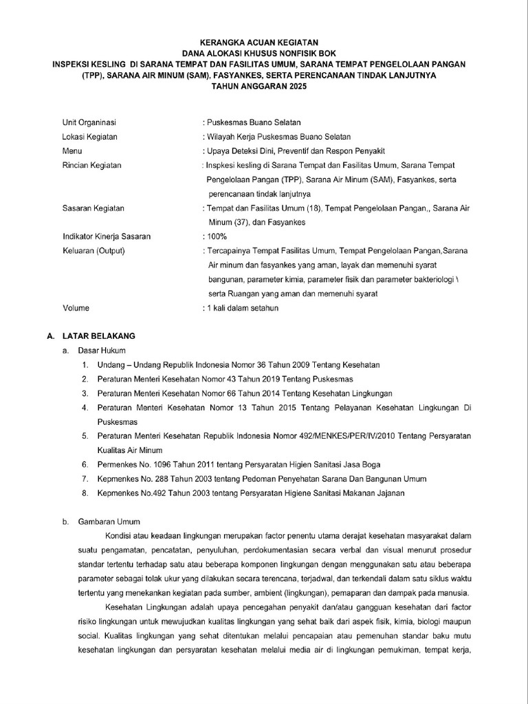 TOR Dan RAB Inspkesi Kesling Di TFU, TPP, Sarana Air Minum Dan ...
